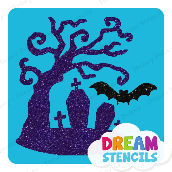 Hokey Pokey Dream Stencils. Haunted Tree with Bat - Vinyl Stencil -165